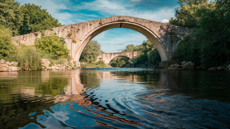 Peaceful Old Stone Bridge Over a Calm River Stock Illustration ...