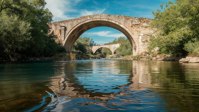 Peaceful Old Stone Bridge Over a Calm River Stock Illustration ...