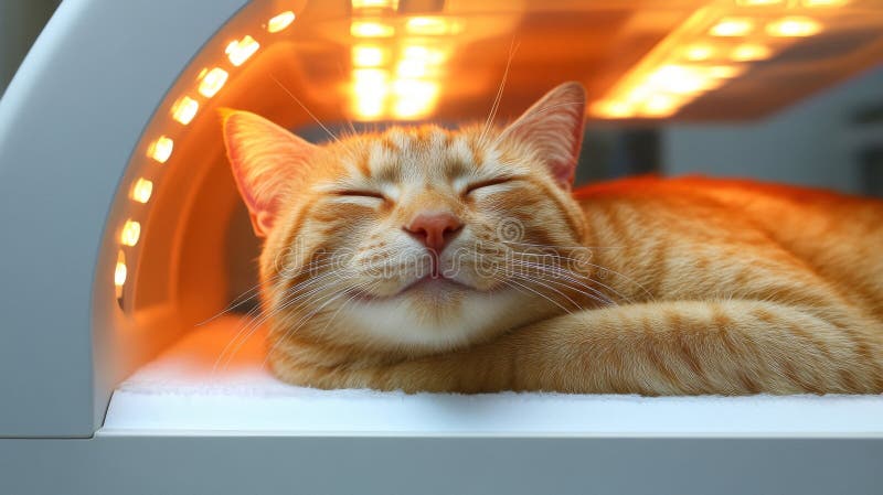 Peaceful Orange Cat Relaxing Under Warm Light Therapy Stock ...