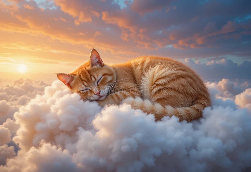 Peaceful Orange Cat Sleeping on Fluffy Clouds during Sunset Stock ...