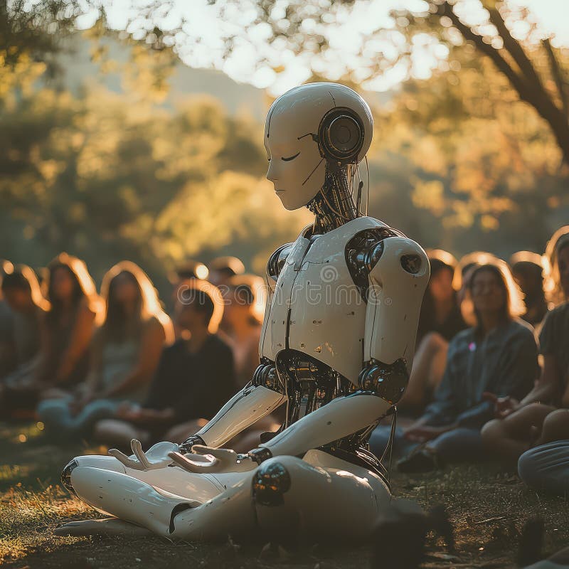Meditation in Nature with Robot and Group of People Sitting Together ...