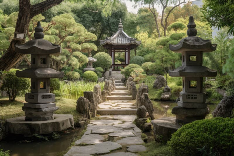 Peaceful Pagoda Garden with Stone Lanterns and Streams Stock ...