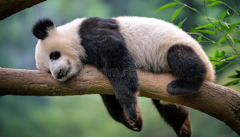 Lazy Panda Bear Dozing on a Tree Branch in Chinas Wilderness, Capturing ...