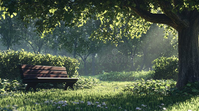A Peaceful Park Bench Under a Tree, Soft Light Filtering through the ...