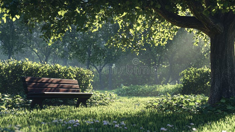 A Peaceful Park Bench Under a Tree, Soft Light Filtering through the ...
