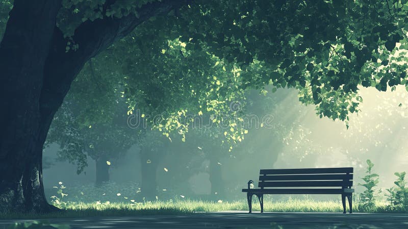 A Peaceful Park Bench Under a Tree, Soft Light Filtering through the ...
