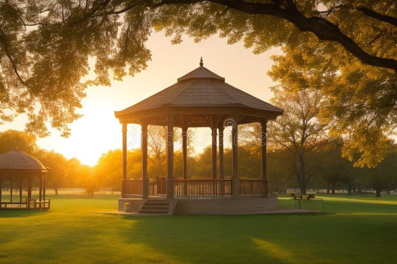A Peaceful Park Scene with a Gazebo and Trees in Silhouette Against the ...