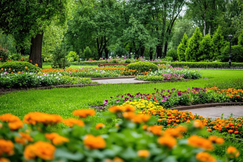 A Peaceful Park Scene with Numerous Flowers and Trees Stock Image ...