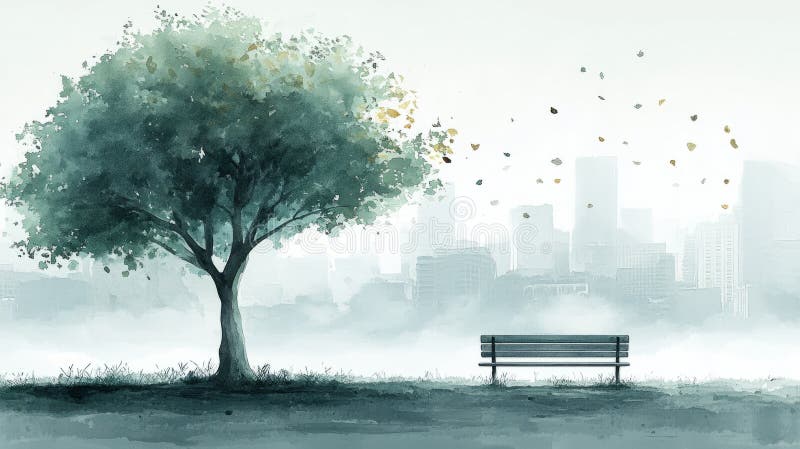 Peaceful Park Scene Tree Bench City Skyline Backdrop Stock Photos ...