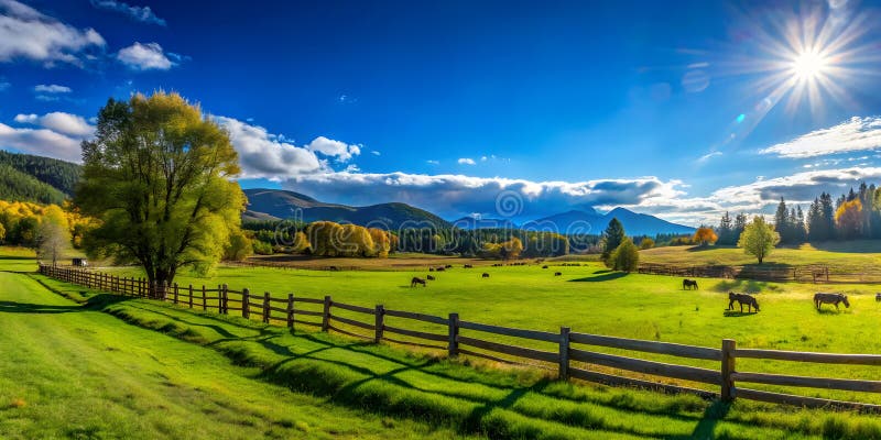 Peaceful Pasture Stretching Beneath Clear Blue Sky Stock Illustration ...