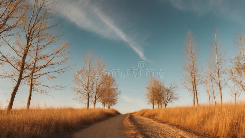 Peaceful Path through Golden Grass Under a Clear Sky with Trees in the ...