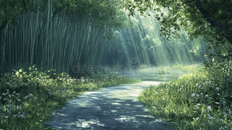 A Peaceful Path through Green Nature, a Forest Pathway Illuminated by ...