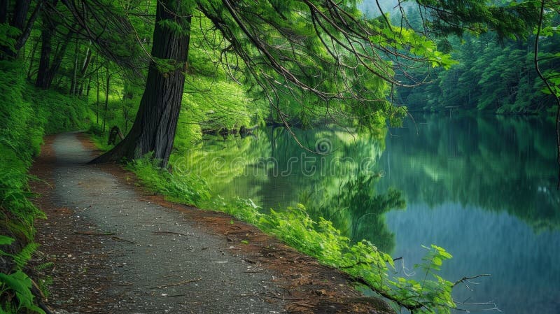 A Peaceful Path Runs Alongside a Peaceful Lake Reflecting the ...