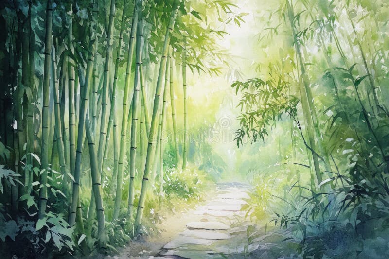 A Peaceful Path Winds through a Vibrant Bamboo Forest, Bathed in Gentle ...