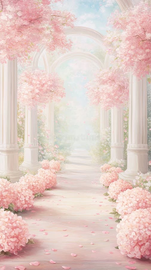 Peaceful Pathway through Blooming Pink Garden with White Columns Stock ...
