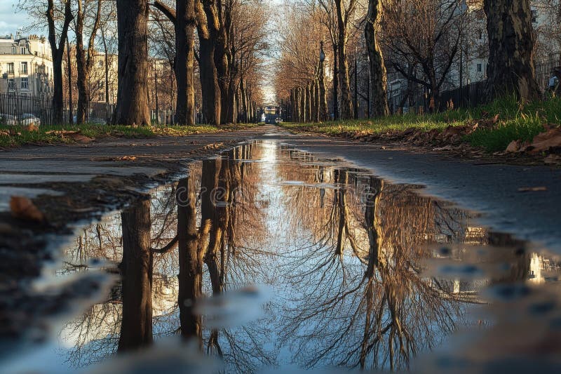 Reflections on a Serene Path after Rain, Showcasing Nature and Urban ...