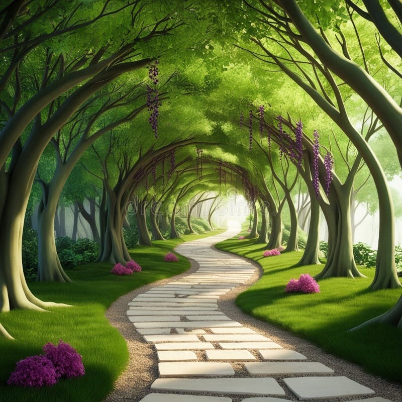 Peaceful Pathway Winding through an Enchanted Forest Stock Illustration ...