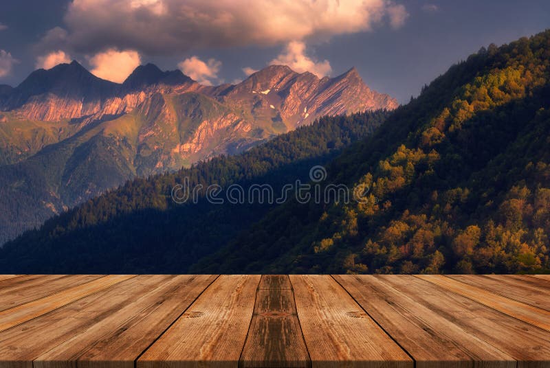 Peaceful Place in Mountains with Empty Wooden Table. Natural Template ...