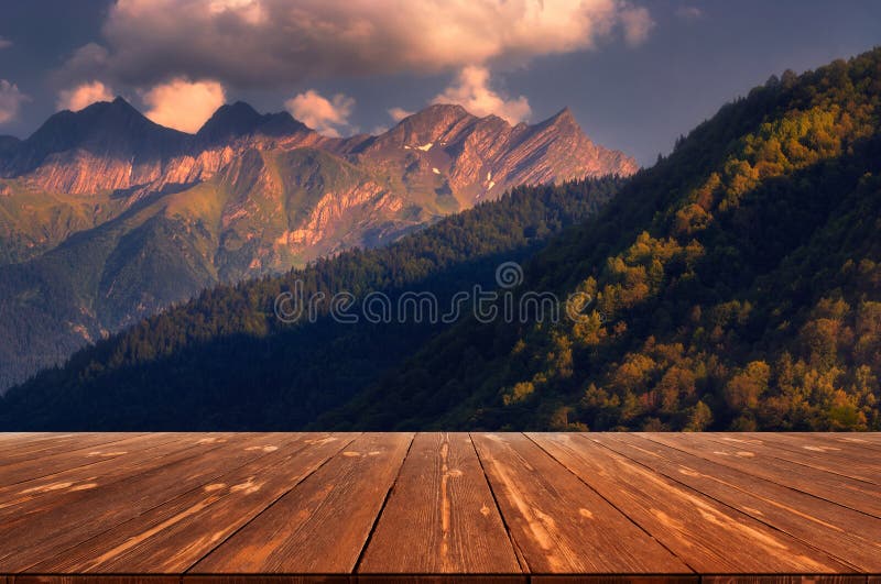 Peaceful Place in Mountains with Empty Wooden Table. Natural Template ...