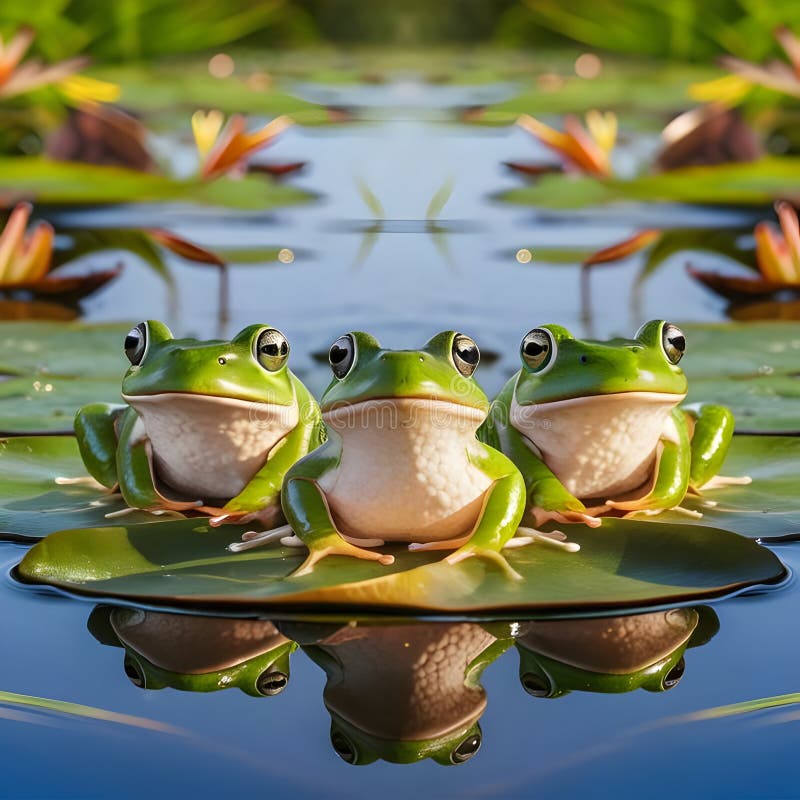 Peaceful Pond Scene with Vibrant Green Frogs on Lily Pad Stock ...