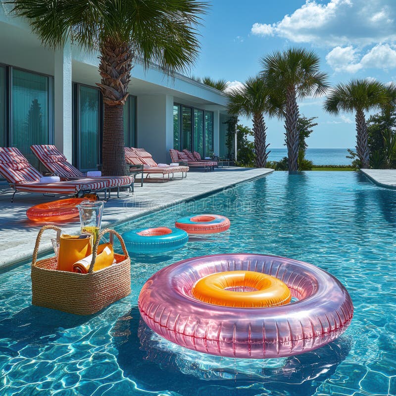 A Peaceful Poolside Scene Featuring Colorful Float Rings and Loungers ...