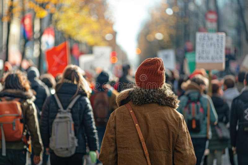 Peaceful Protest with Diverse Crowd Marching Down Urban Street in ...