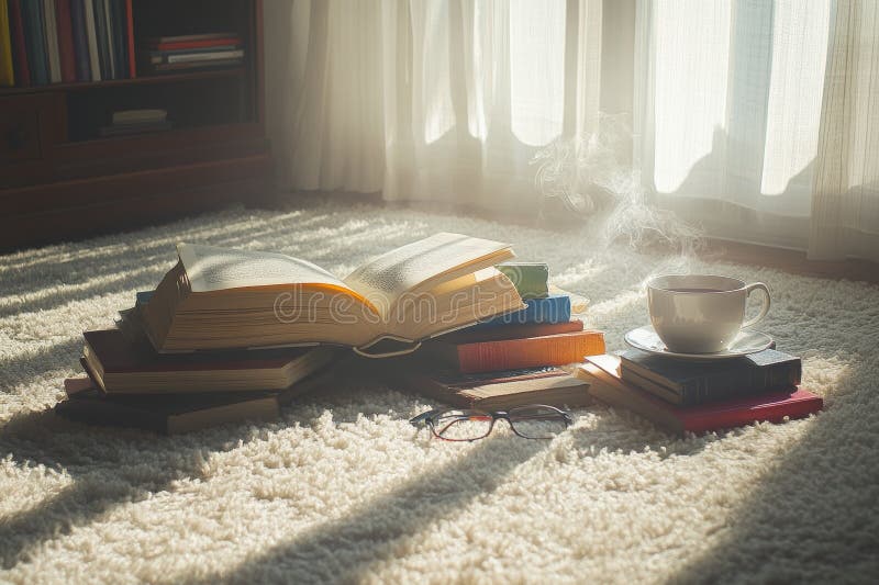 Peaceful Reading Space with Books and Tea Stock Illustration ...