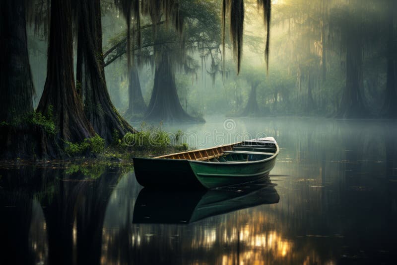 A Peaceful Reflection of a Boat Gliding Gently through a Misty Swamp ...