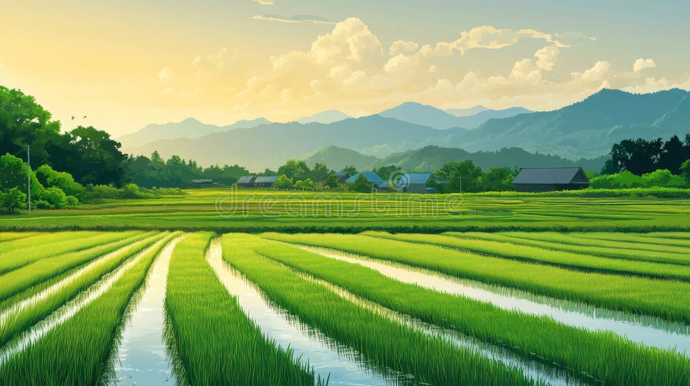Peaceful Rice Paddy Landscape at Sunset Stock Illustration ...