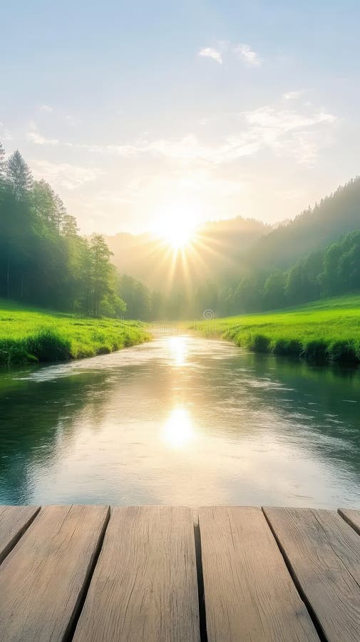 Peaceful River Flows through Green Valley at Sunrise Stock Illustration ...