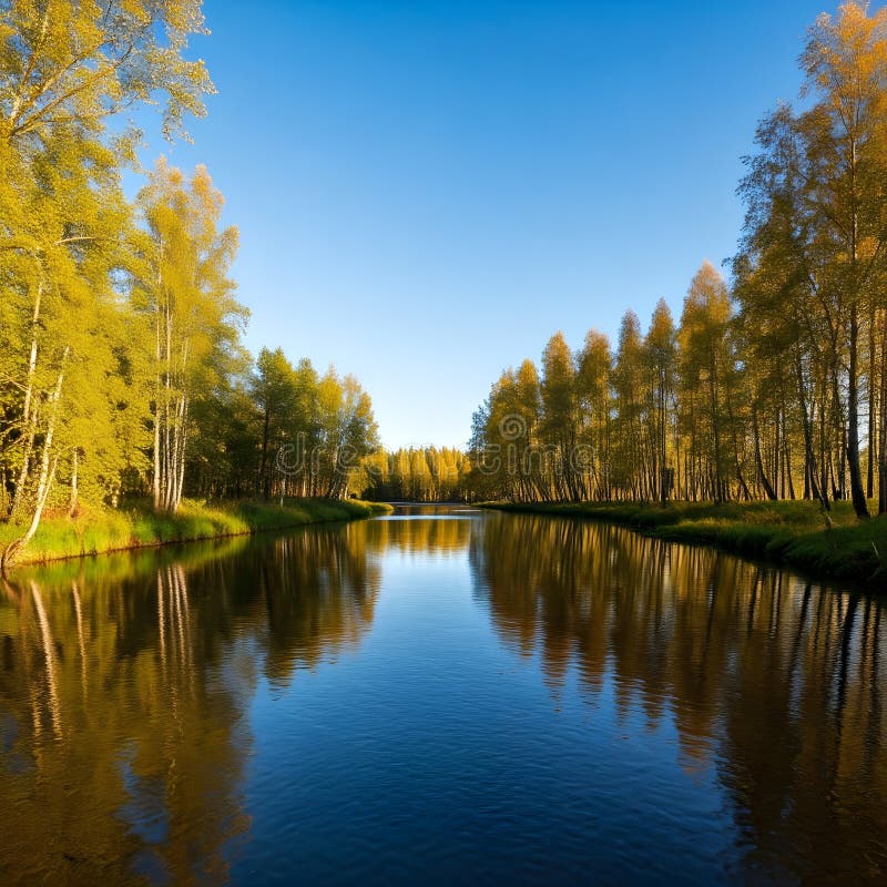 A Peaceful River in a Forest, with Colorful Trees, Sun Shinning ...