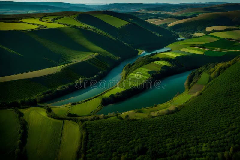 A Peaceful River Meanders through a Lush Valley. Stock Illustration ...