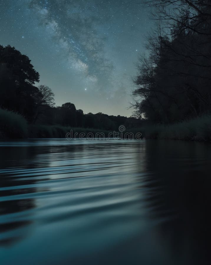 Peaceful River Reflection at Midnight with Soft Lighting Stock Image ...