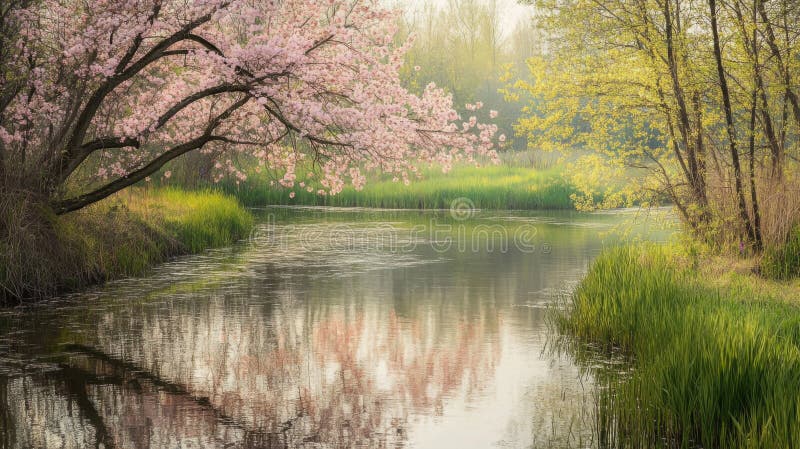 Peaceful River Scene with Blossoming Trees in Spring Stock Illustration ...