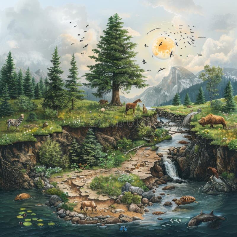 Peaceful River Scene with Mountains, Wildlife, and a Full Moon Stock ...