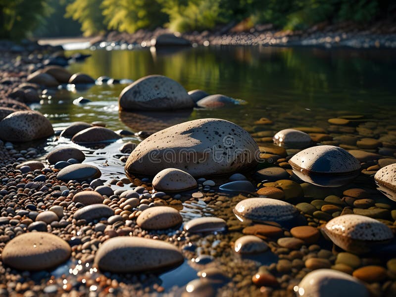 Peaceful River Stone Display with Pebbles and Flowing Stream Stock ...