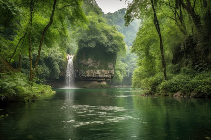 Peaceful River Surrounded by Lush Greenery and Dramatic Waterfall Stock ...