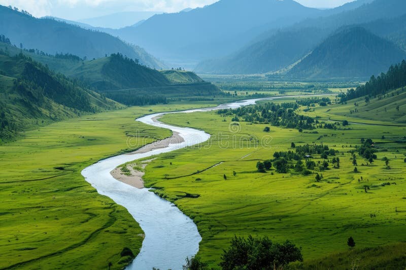 Peaceful River Winding through a Green Valley Stock Image - Image of ...