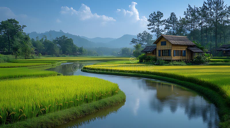 Peaceful Riverside House in Rice Paddy Fields Stock Illustration ...