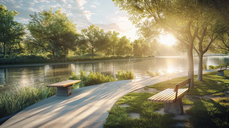 Peaceful Riverside Path with Benches and Lush Greenery at Sunset Stock ...