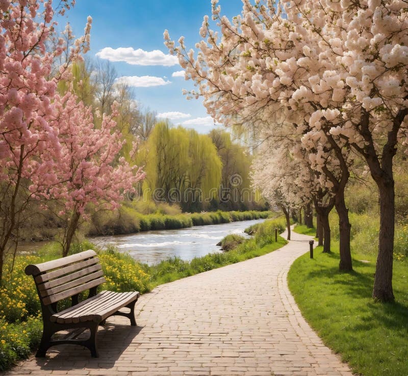 Serene Springtime Walk by the River Stock Illustration - Illustration ...
