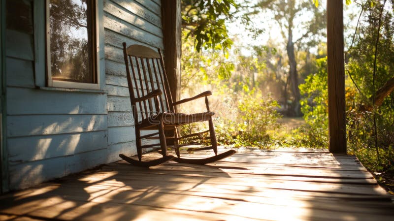 Peaceful Rocking Chair on Rustic Porch at Sunrise Stock Illustration ...