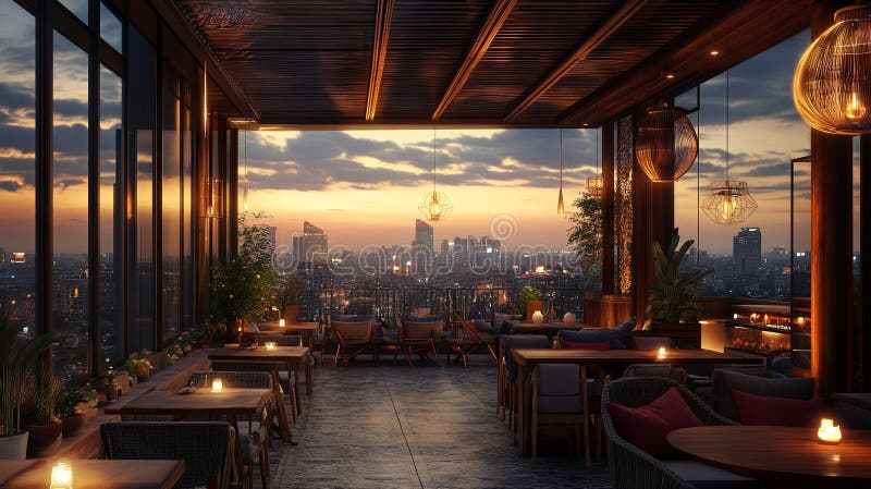 Peaceful Rooftop Caf with Soft Textiles and City Views.. Stock Photo - Image of rooftop ...