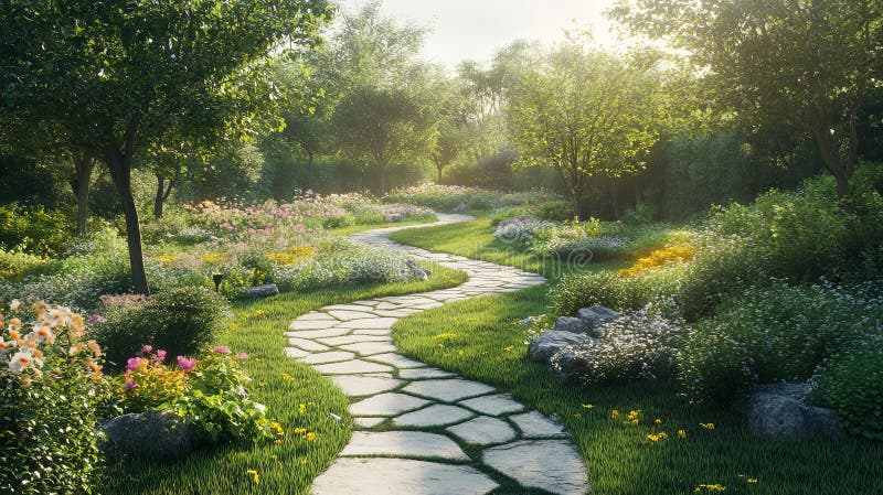 Peaceful Rural Gardens with Old Stone Pathways. Stock Image - Image of ...