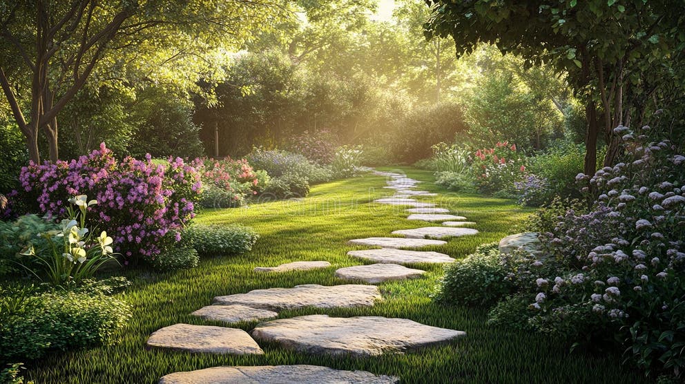 Peaceful Rural Gardens with Old Stone Pathways. Stock Photo - Image of ...