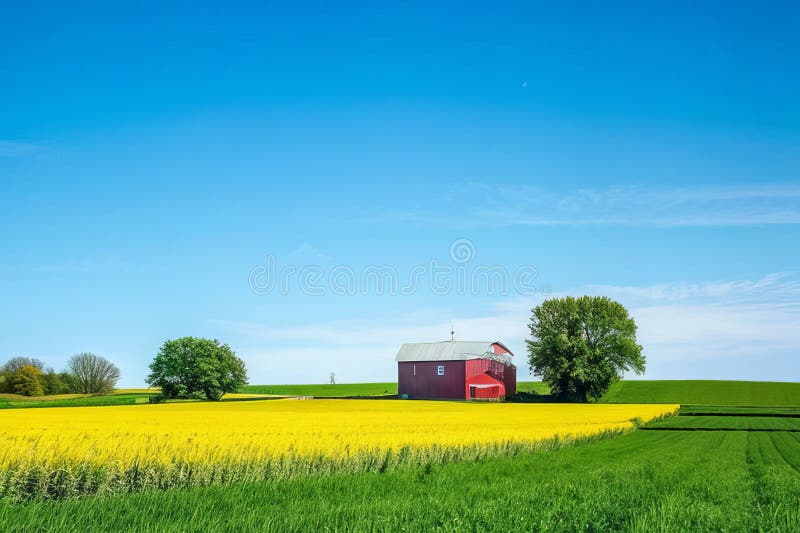 Peaceful Rural Landscape Featuring Lush Farm Fields and a Charming Red ...