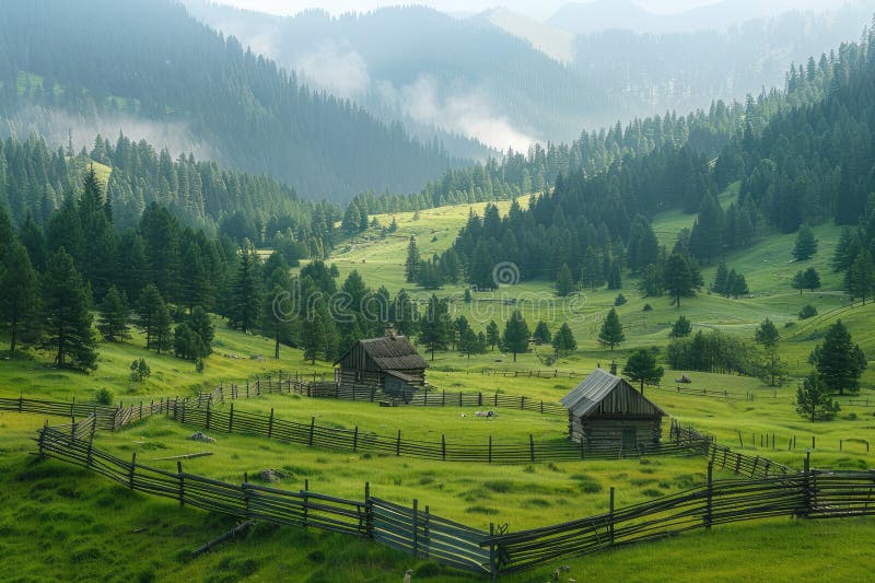 Peaceful Rural Landscape Featuring a Rustic Wooden Barn, Lush Green ...