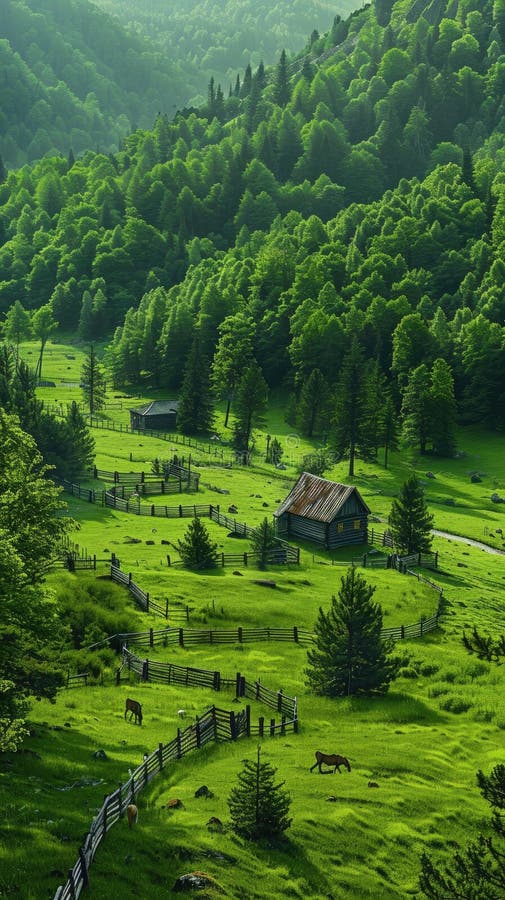 Peaceful Rural Landscape Featuring a Rustic Wooden Barn, Lush Green ...