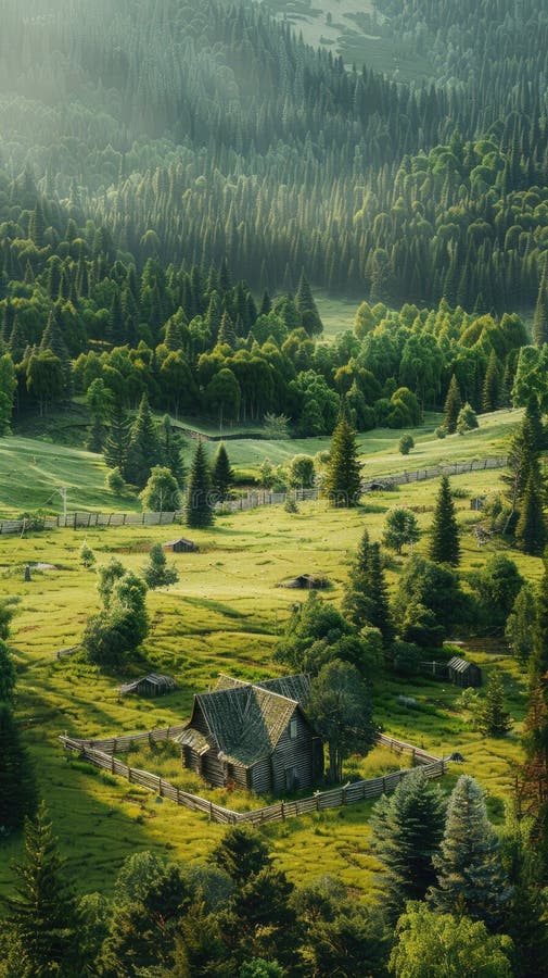 Peaceful Rural Landscape Featuring a Rustic Wooden Barn, Lush Green ...