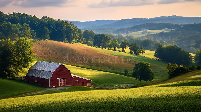 A Peaceful Rural Landscape with a Red Barn and Rolling Pastures. Stock ...